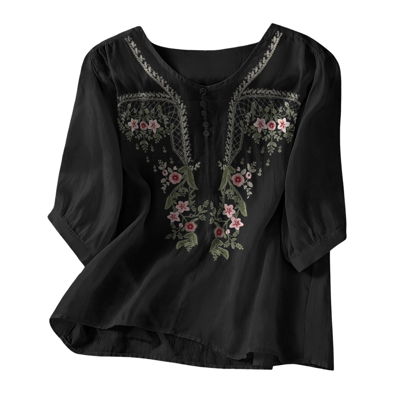Blouses for Women Dressy Casual Embroidered Cotton Linen Shirts Ethnic ...