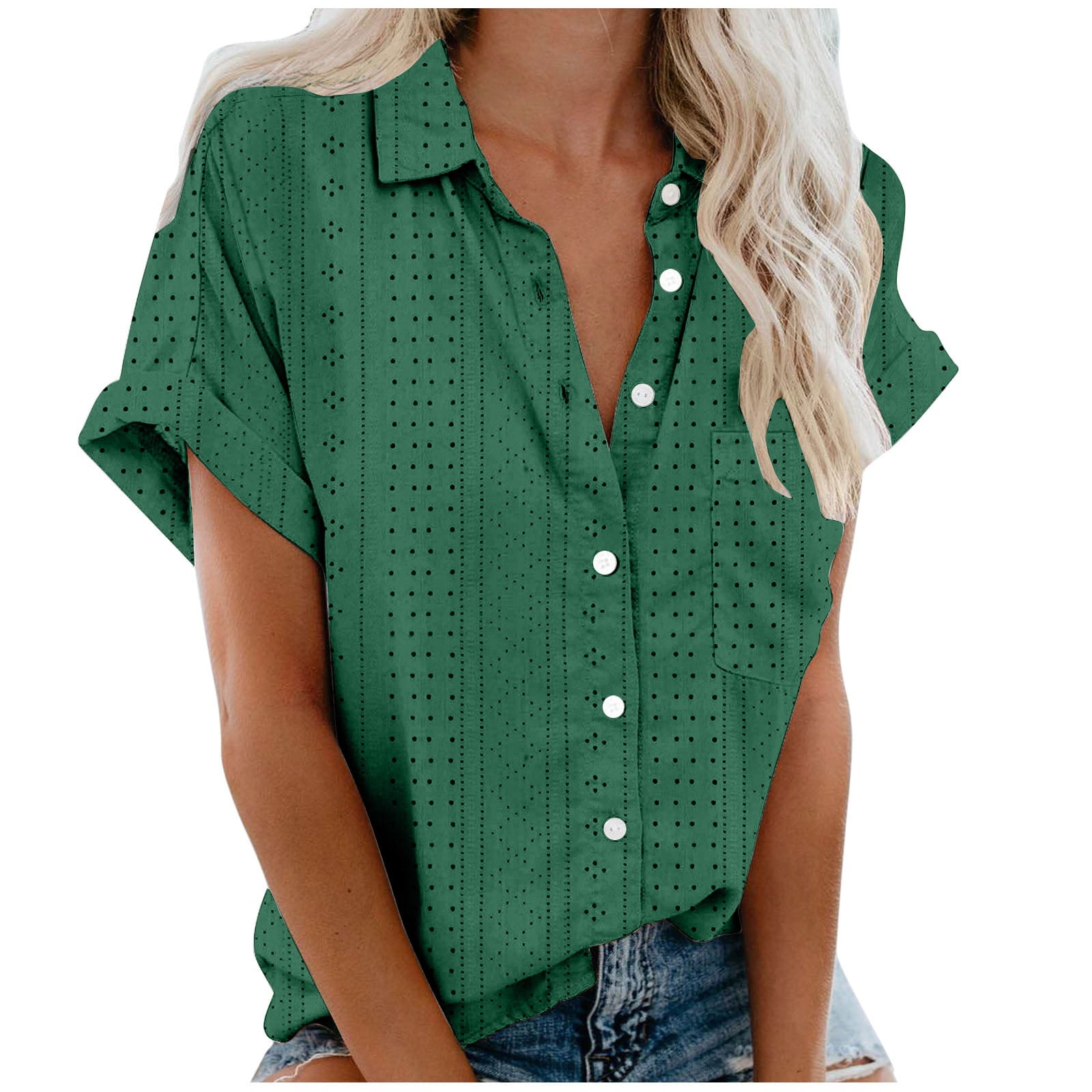 Blouses for Women Dressy Casual Eyelet Tops Cuffed Short Sleeve Button ...