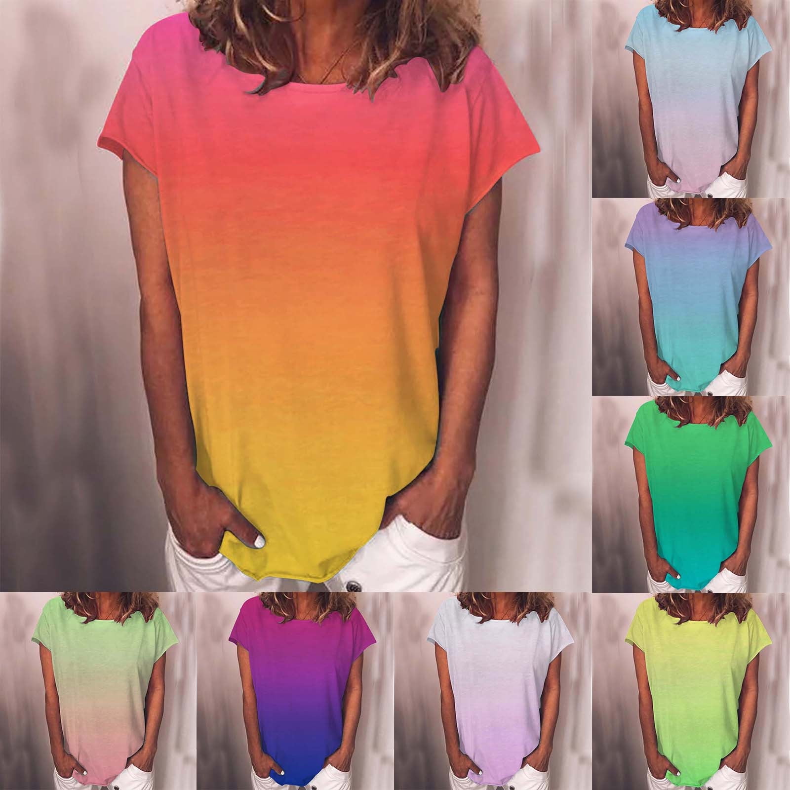 Blouses for Women Dressy Casual Fashion Gradient Printed Round Neck ...