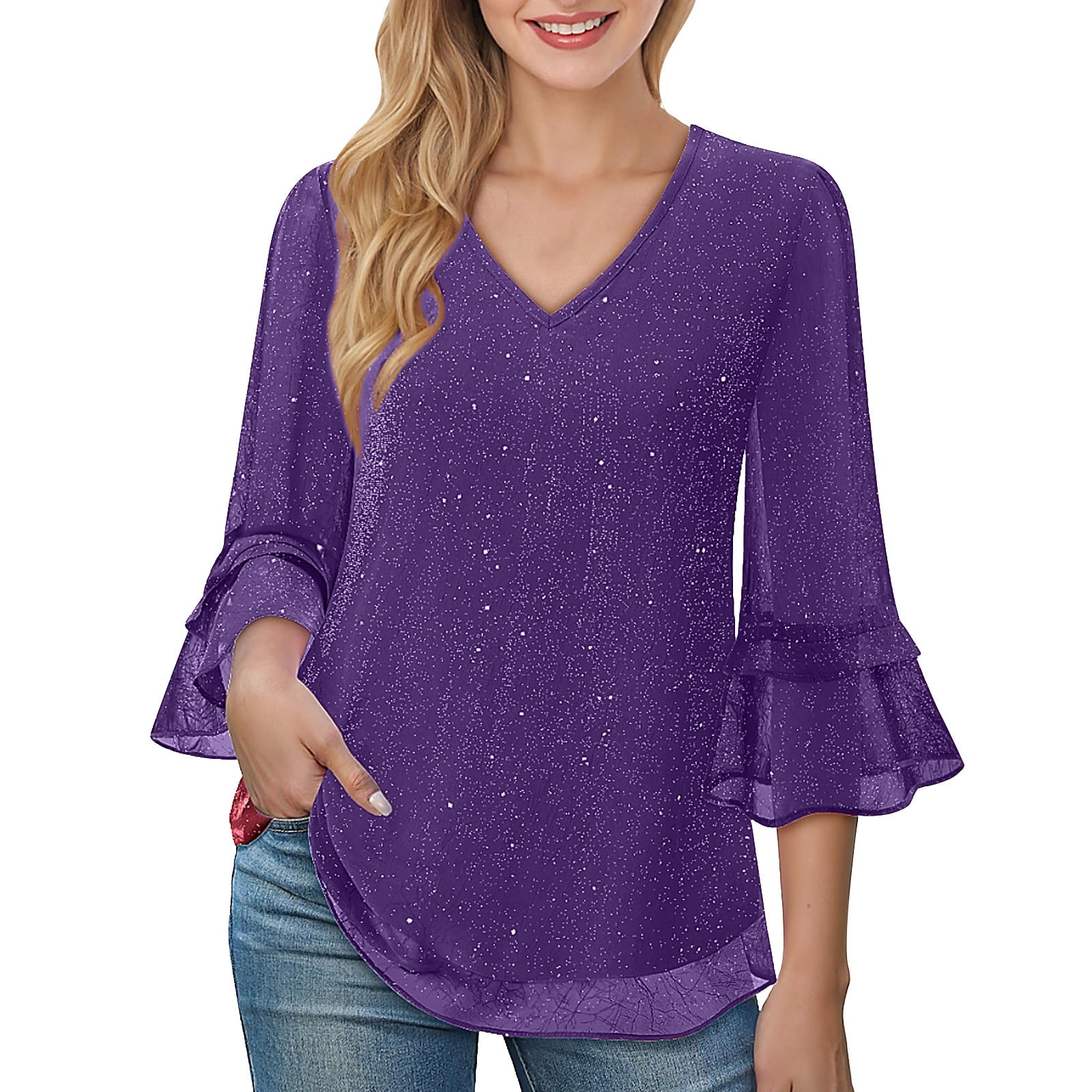 Blouses for Women Dressy Casual Ruffled Glittering Gold Hot Stamping 3/ ...
