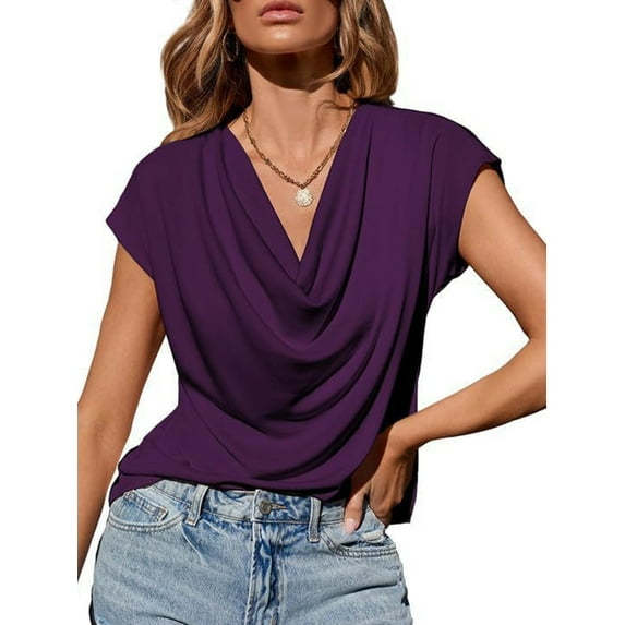 Blouses for Women Dressy Casual Summer Cowl Neck Short Sleeve Tops ...