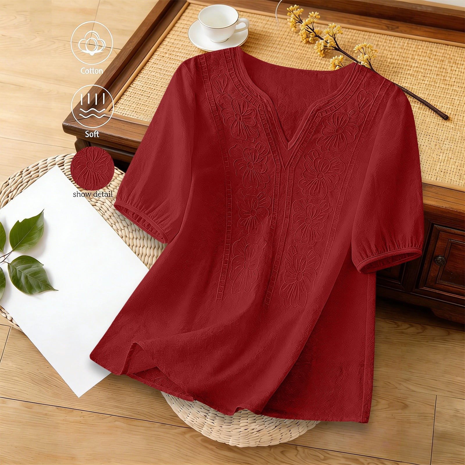 Blouses for Women Dressy Casual V Neck Short Sleeve Shirts Embroidered ...