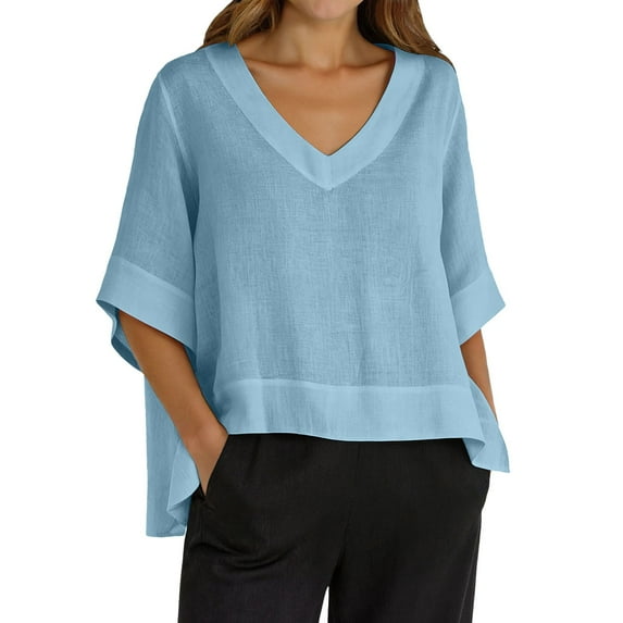 Blouses for Women Dressy Linen Shirts Solid Color Short Sleeve V Neck ...