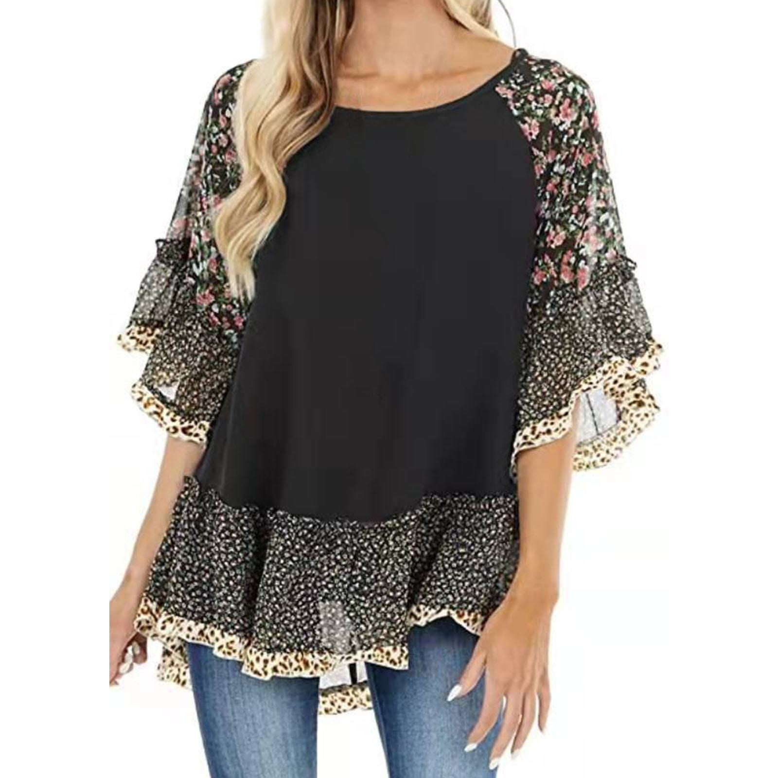 Blouses for Women Fashion Bat Sleeve Crew Neck Matching Leopard Print ...
