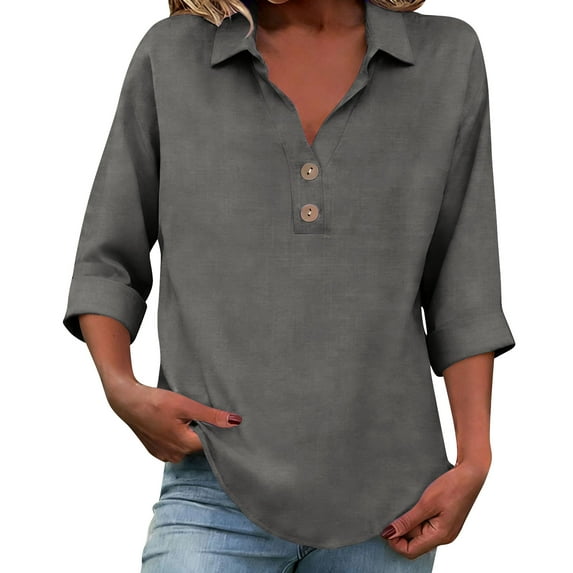 Blouses for Women Fashion V Neck Leisure Three-quarter Sleeve Solid ...