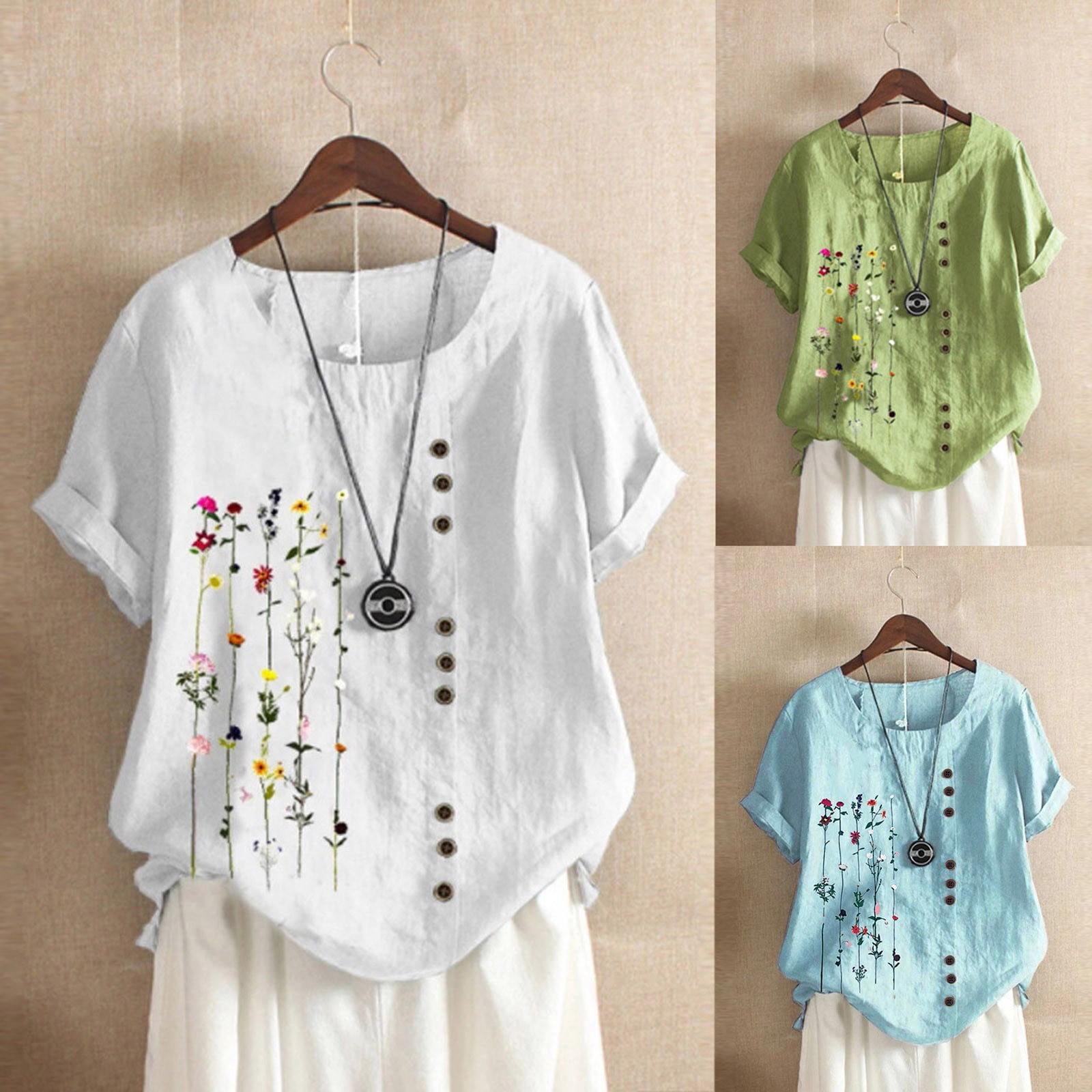 Blouses for Women Floral Button Up Top Plus Size Embroidered Short ...