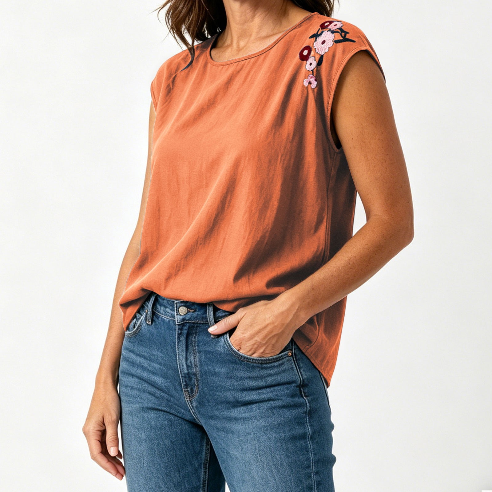 Blouses for Women Floral Embroidered Sleeveless Blouse with Round Neck ...