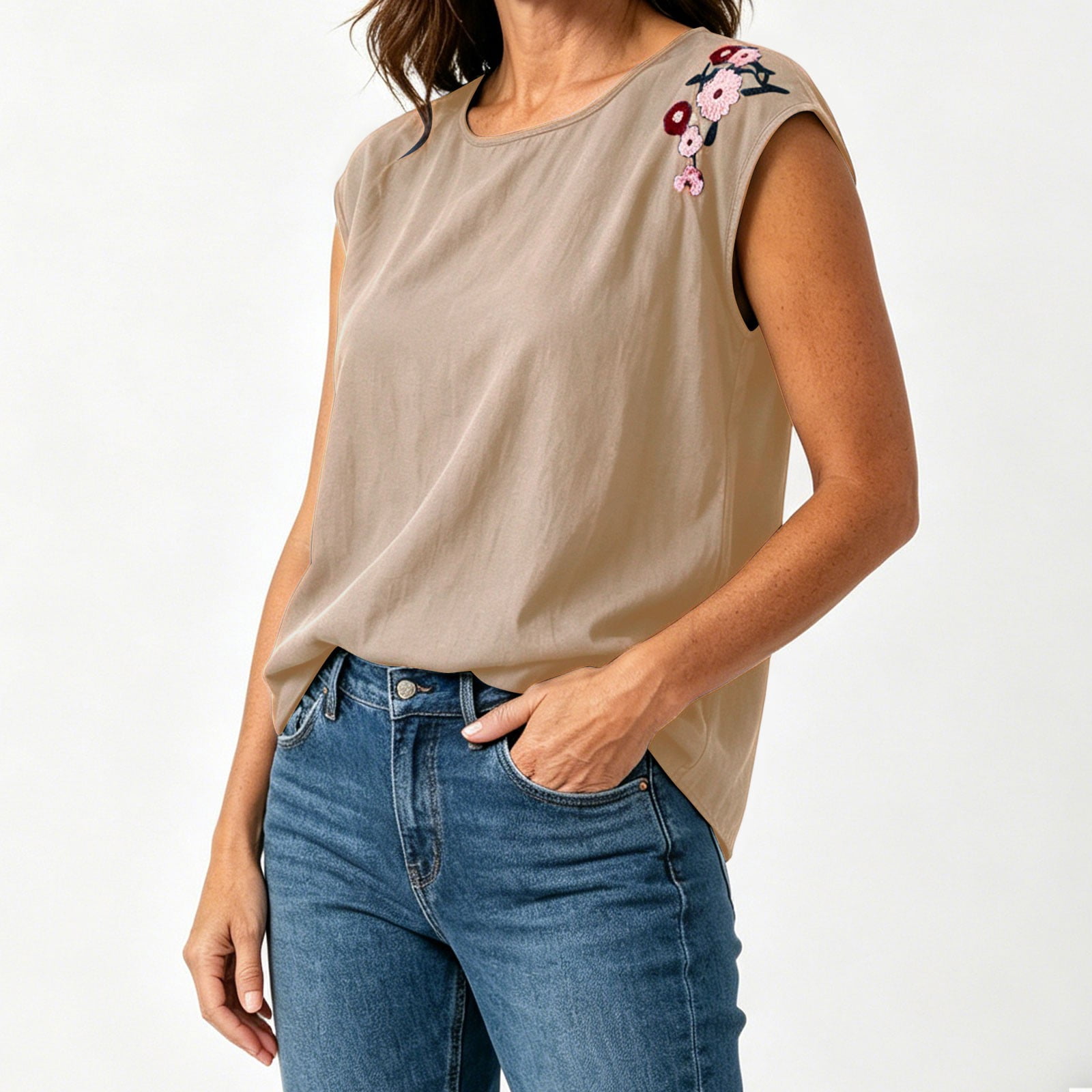 Blouses for Women Floral Embroidered Sleeveless Blouse with Round Neck ...