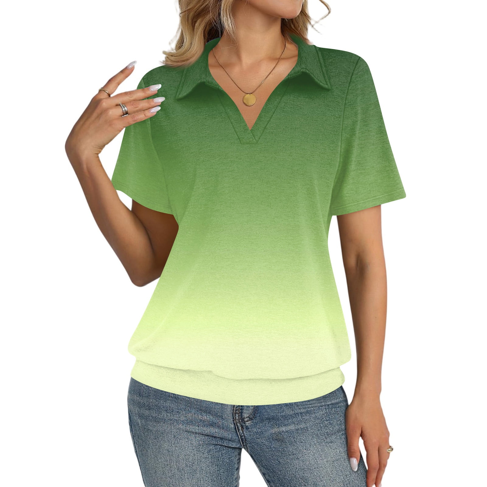 Blouses for Women Gradient Color Short Sleeve V Neck Polo Shirts Summer ...