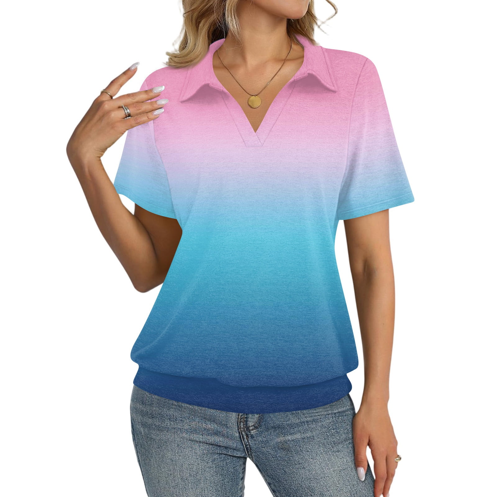 Blouses for Women Gradient Color Short Sleeve V Neck Polo Shirts Summer ...