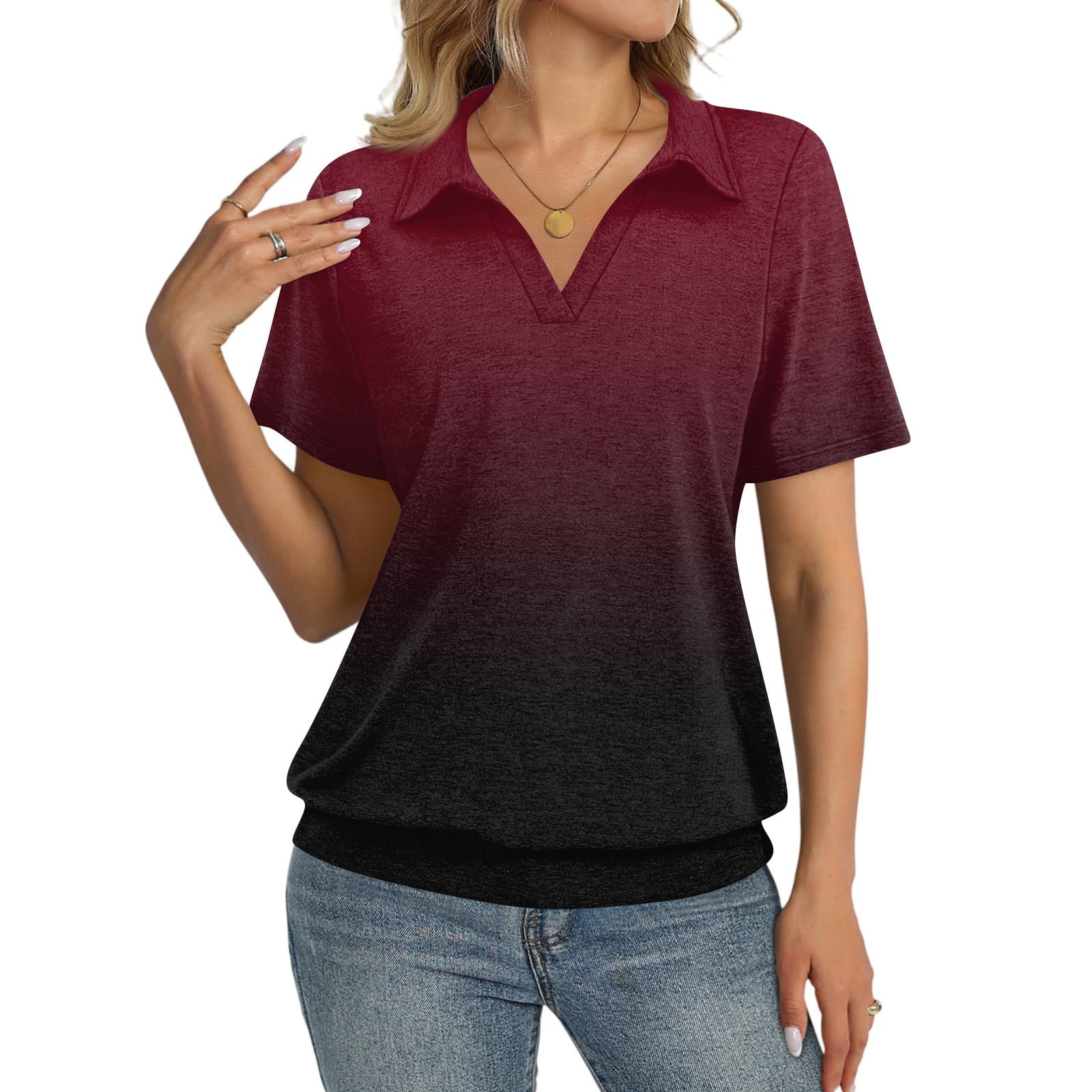 Blouses for Women Gradient Color Short Sleeve V Neck Polo Shirts Summer ...