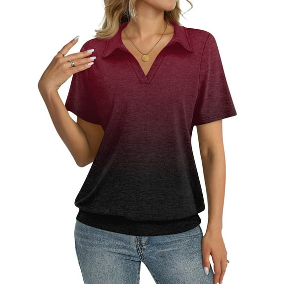 Blouses for Women Gradient Color Short Sleeve V Neck Polo Shirts Summer ...