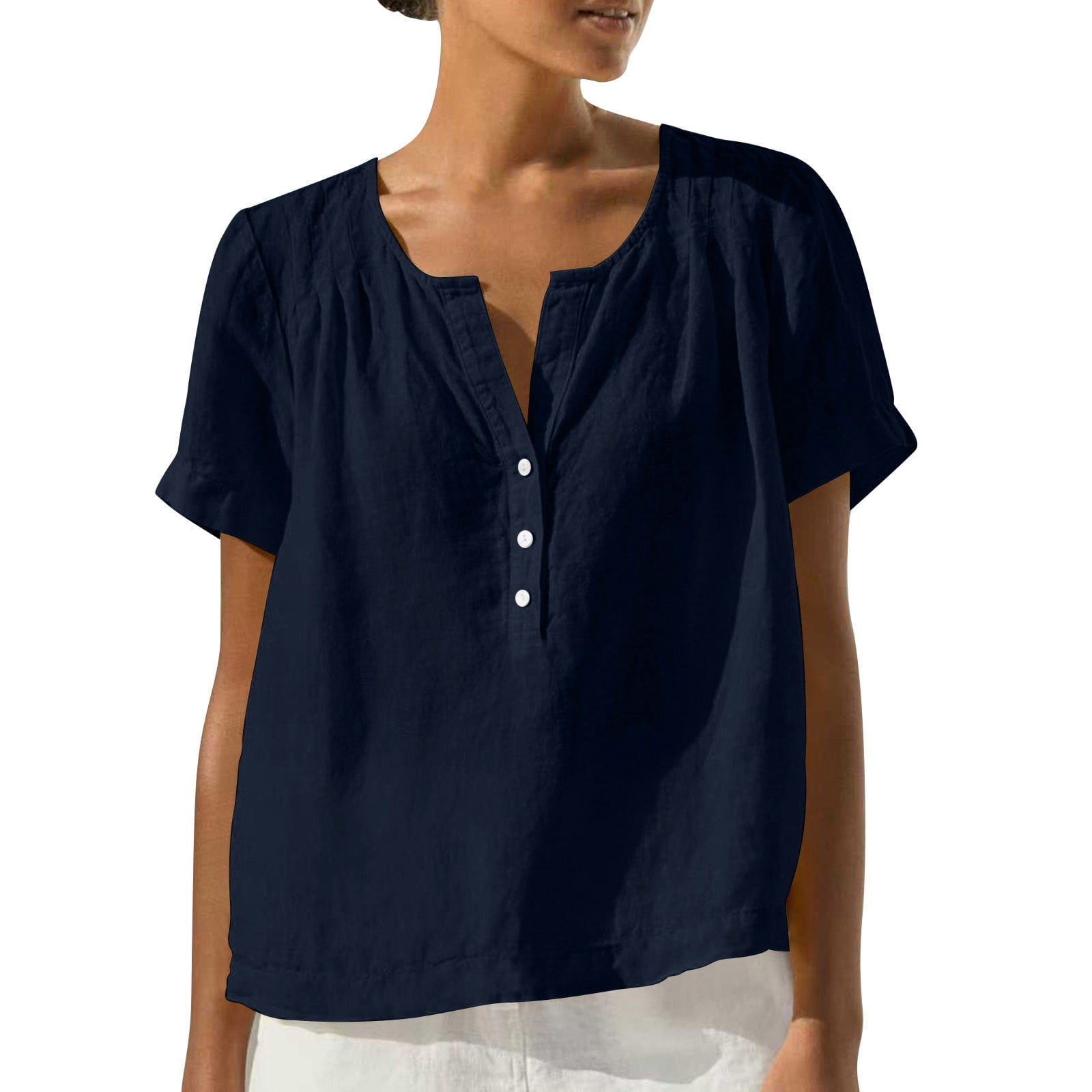Blouses for Women Henry Neck Button Short Sleeve Cotton Solid Color ...