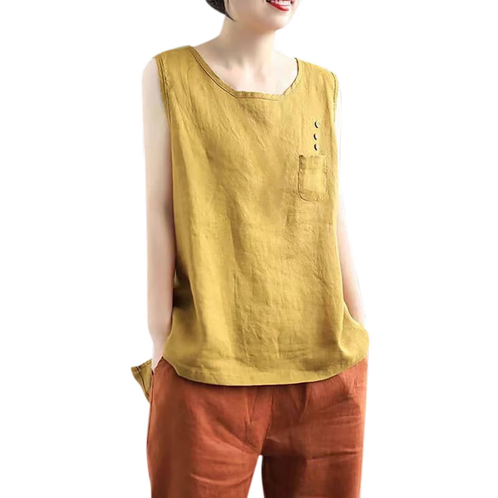 Blouses for Women Linen Plus Size Summer Sleeveless Crew Neck Solid ...