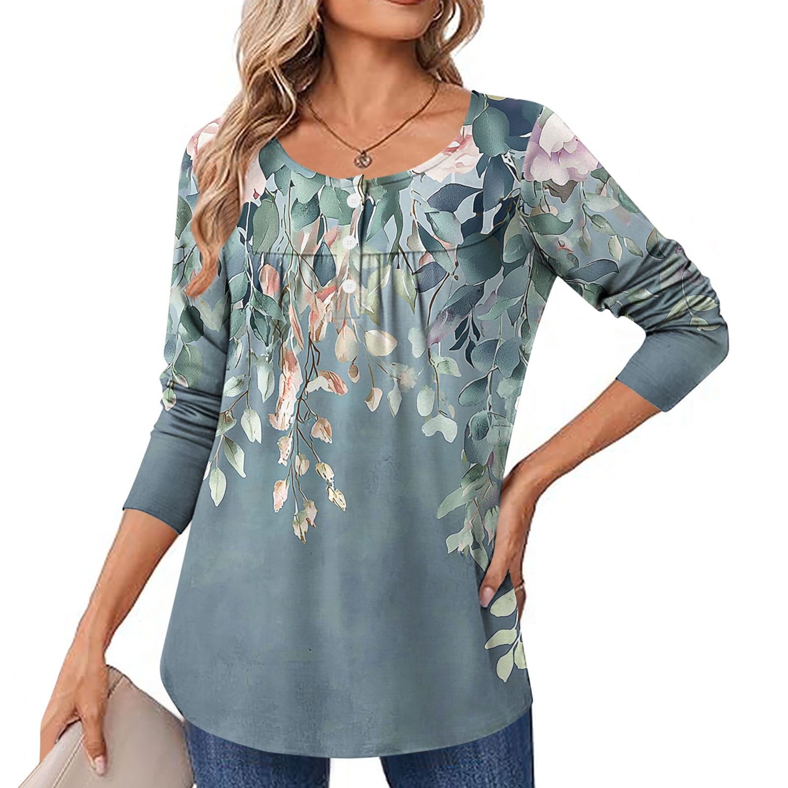 Blouses for Women Long Sleeve Crew Neck Tunic Tops Buttons Side Fall ...