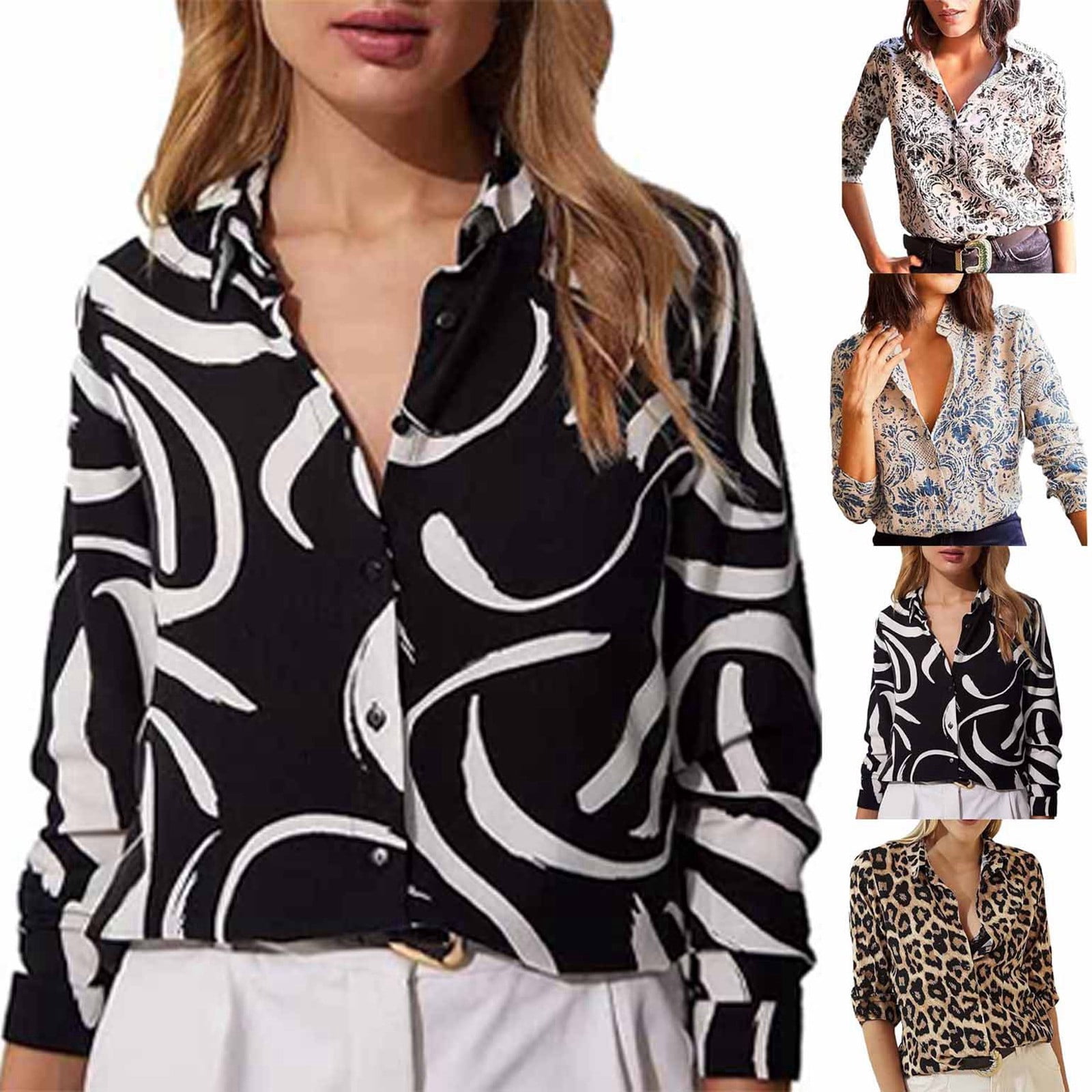 Blouses for Women Long Sleeve Lapel Collared Graphic Print Button Down ...