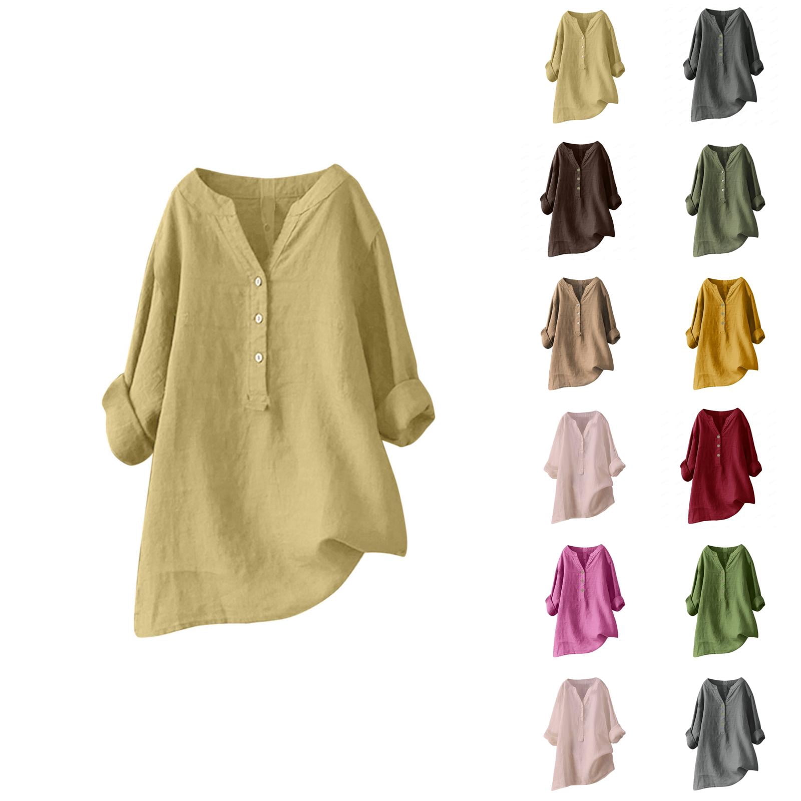 Blouses for Women Long Sleeve Loose Fit Stand Collar V Neck Casual ...