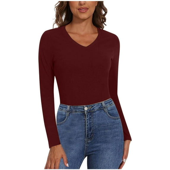 Blouses for Women Long Sleeve T Shirt Solid Color Basic Casual ...
