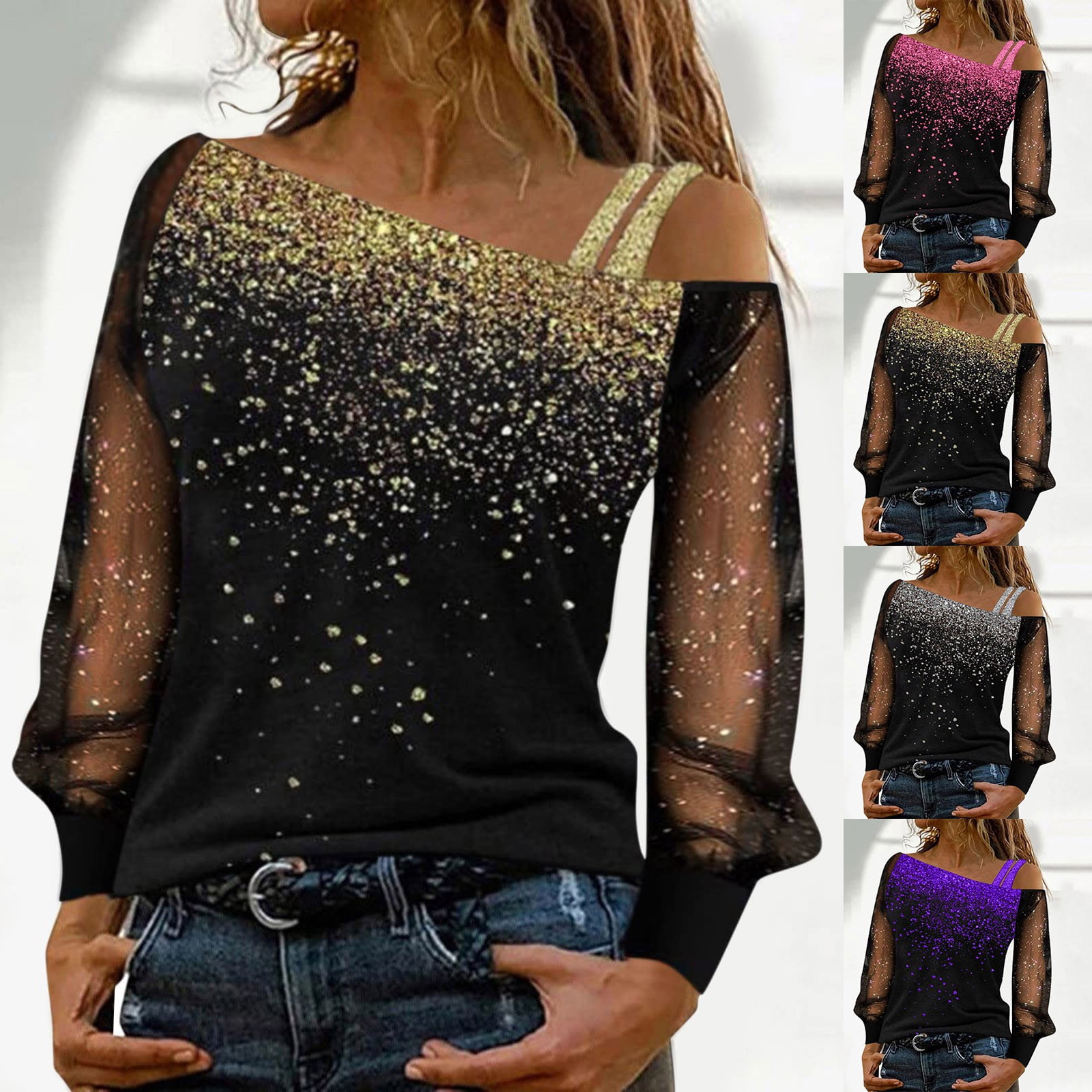 Blouses for Women Mesh Cold Shoulder Loose Fit Gradient Sequin Splice ...