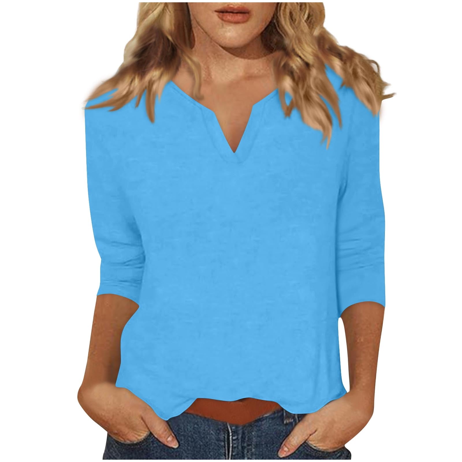 Blouses for Women New Women's Solid Color 3/4 Sleeve Overlapping V-Neck ...
