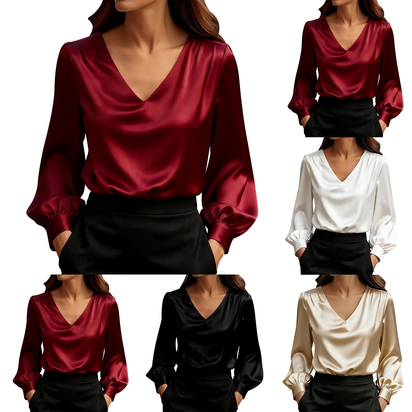 Blouses for Women Puff Long Sleeve V-Neck Solid Color Dressy Shirts ...