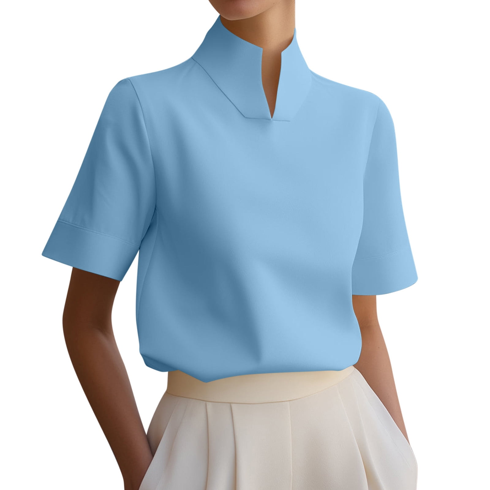 Blouses for Women Trendy Elegant Stand Collar Short Sleeve Commute Tops ...