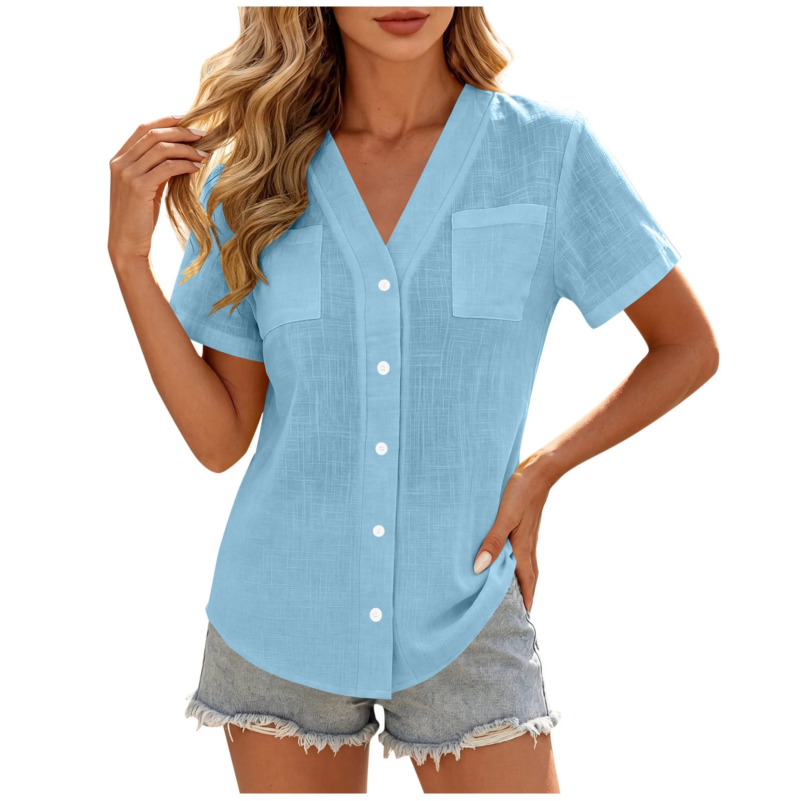 Blouses for Women Trendy V Neck Button Down Linen Shirts with Double ...