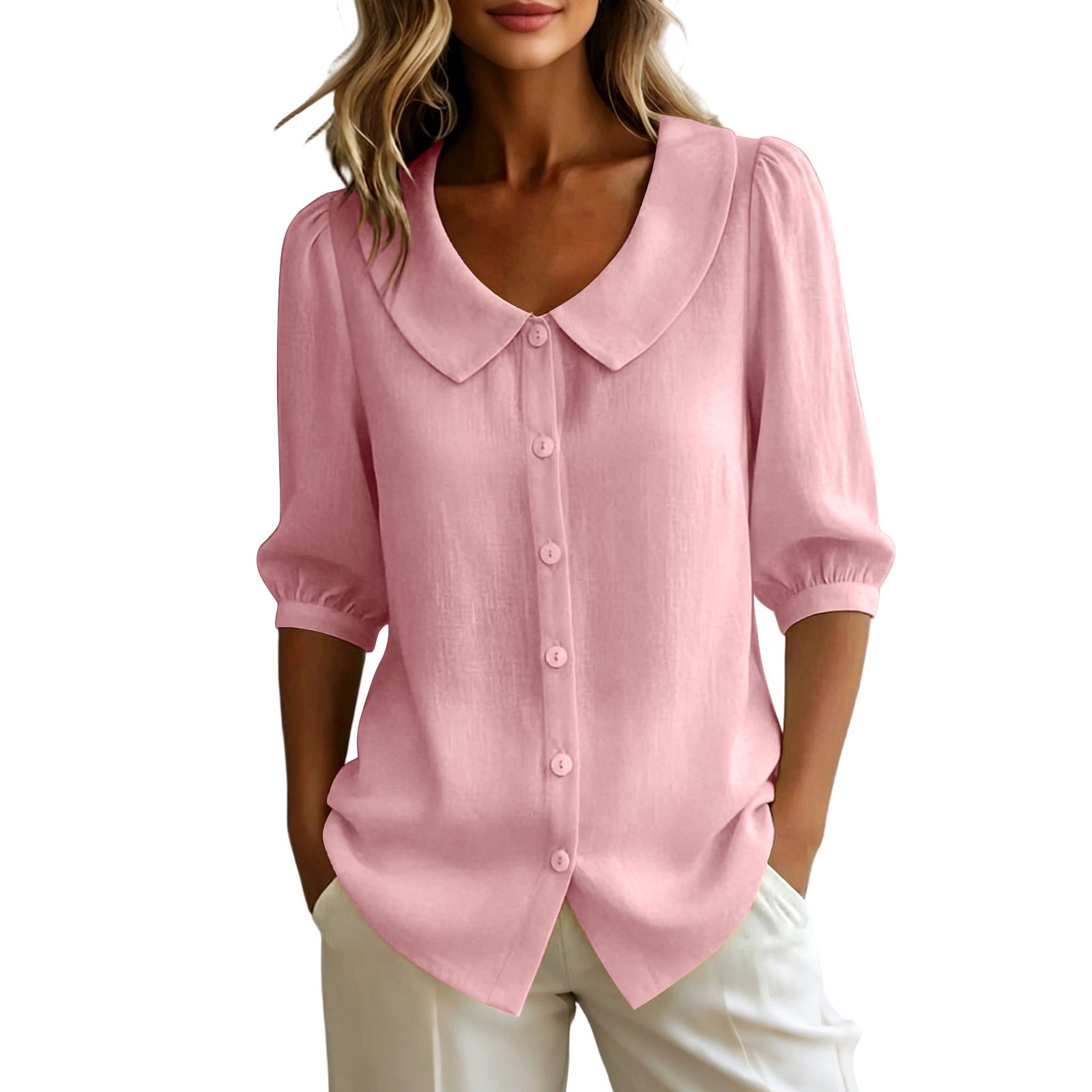 Blouses for Women Vintage Collared Button Front Blouse with Puff 3/4 ...