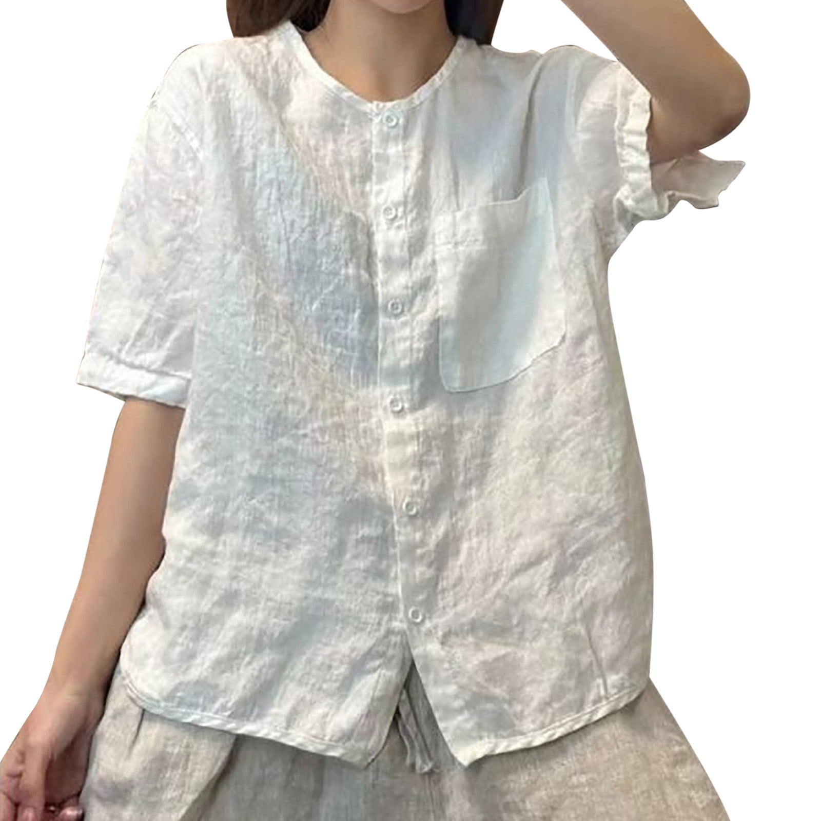 Blouses for Women Vintage Linen Floral Embroidered 3/4 Sleeve Lapel ...