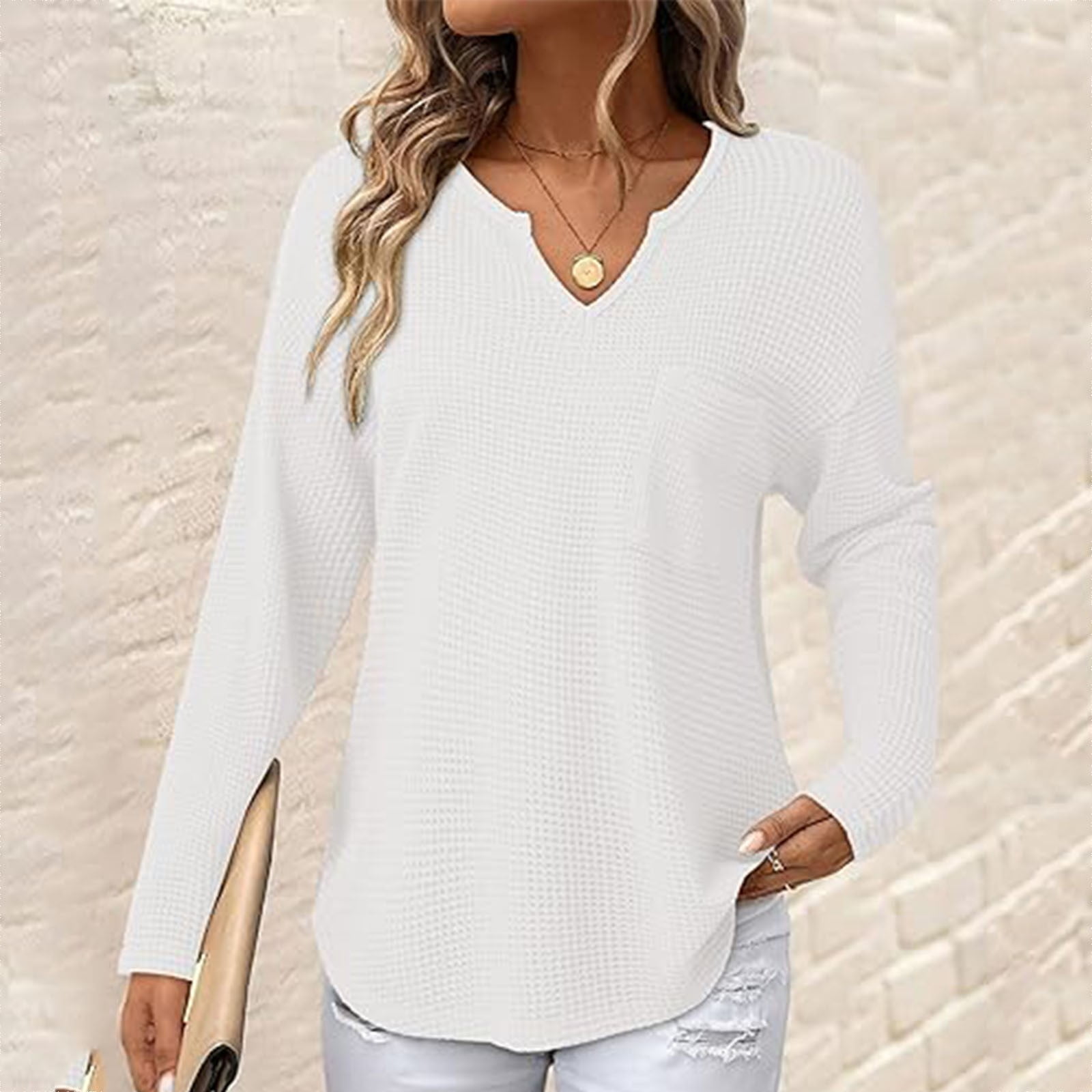 Blouses for Women Women's Solid Color Button V-neck Casual Pullover ...
