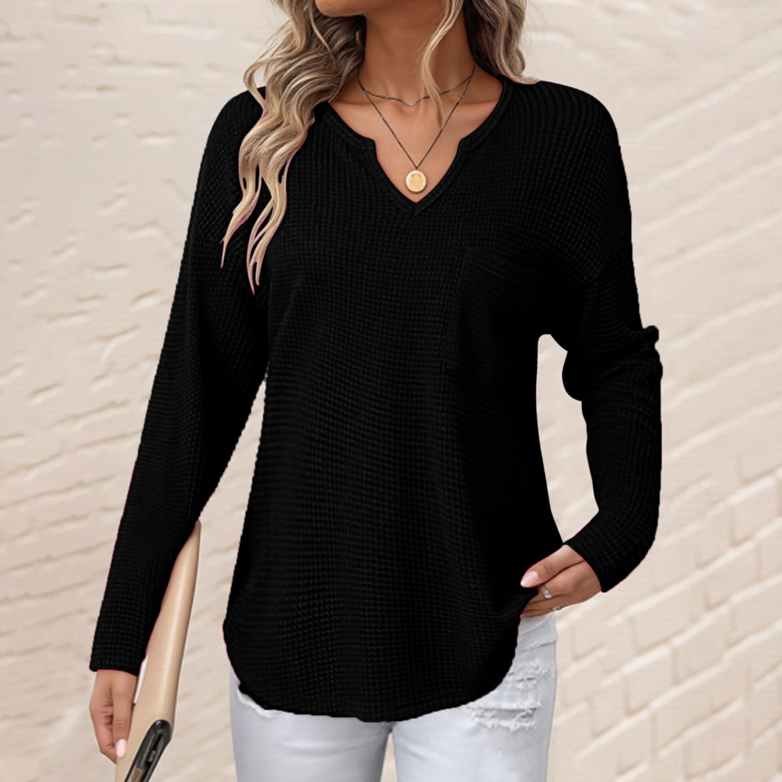 Blouses for Women Women's Solid Color Button V-neck Casual Pullover ...