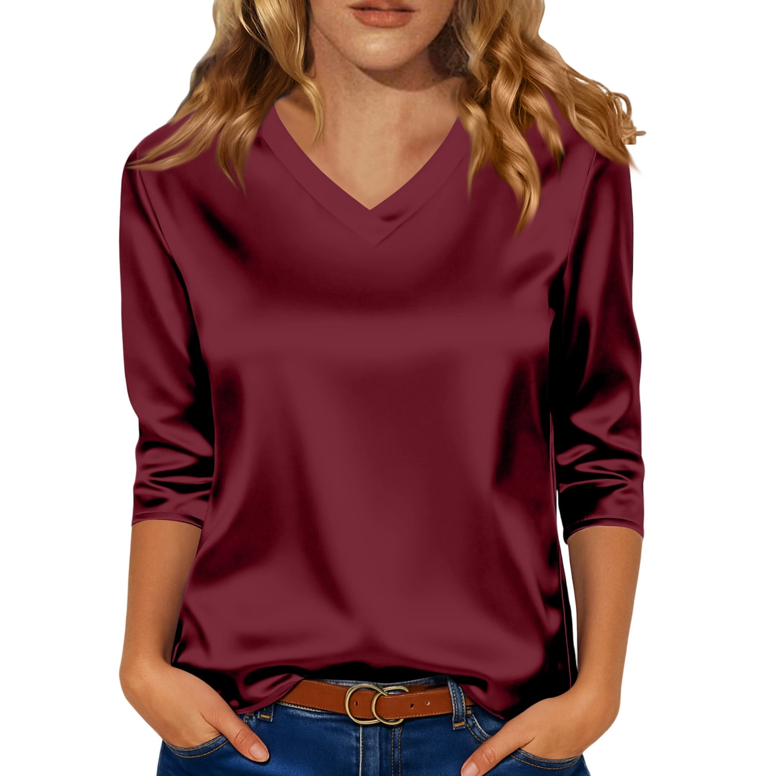 Blouses for Women Satin Long Sleeve V-Neck Silky Fall Winter Tops ...