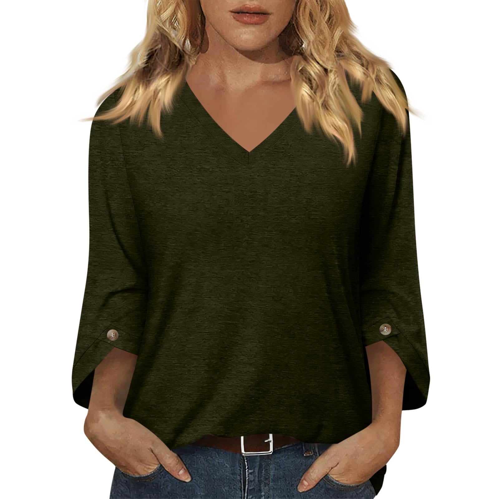 Blouses for Women V-Neck 3/4 Sleeve with Rolled Cuff and Button Casual ...