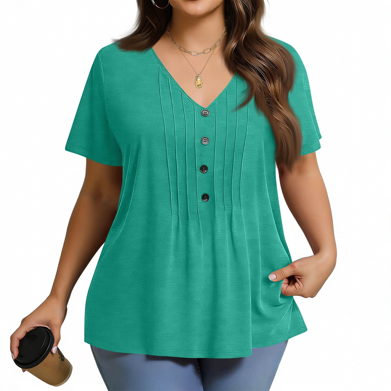 Blouses for Women V-Neck Short Sleeve with Pintuck Detail Button Down ...