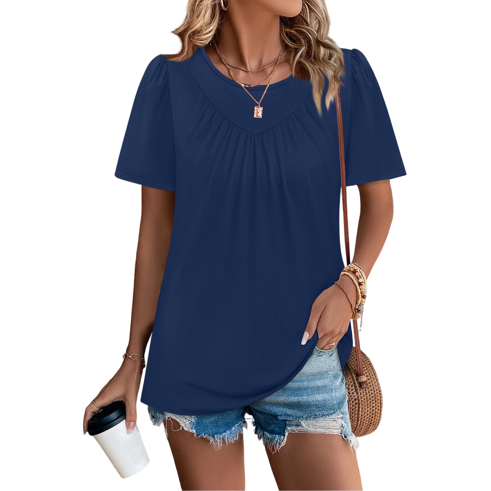 Blouses for Women V-Neck Short Sleeve with Pleated Front Detail Loose ...