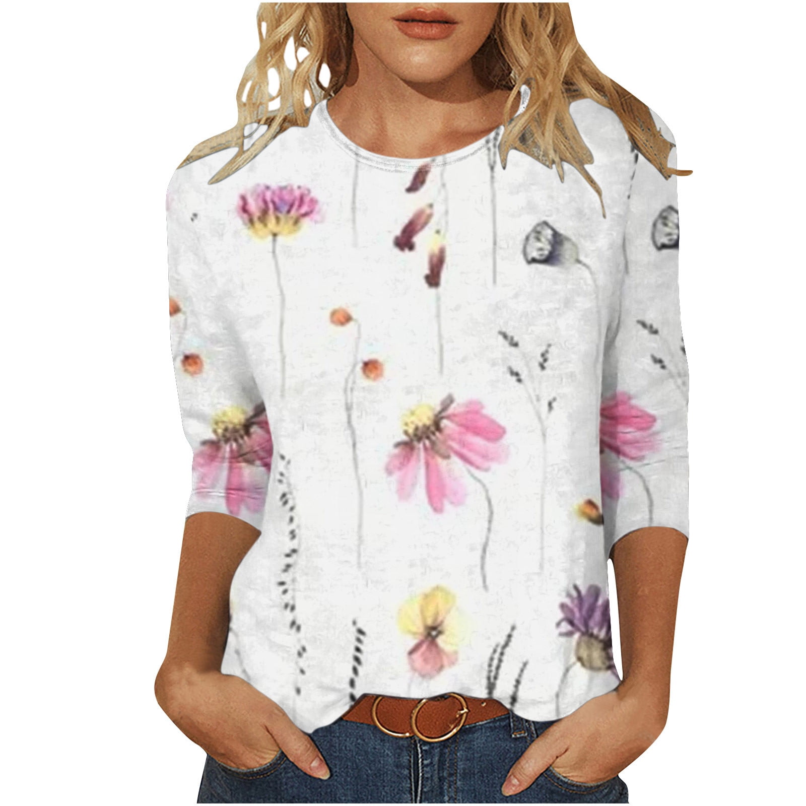 Blouses for women's Fashion Printed T-Shirt Mid-Length 3/4 Sleeves ...