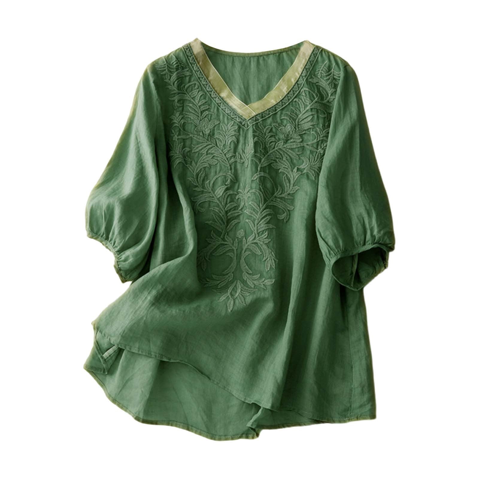 Blouses for women dressy casual Cotton and Linen Soft Clothing L Green ...