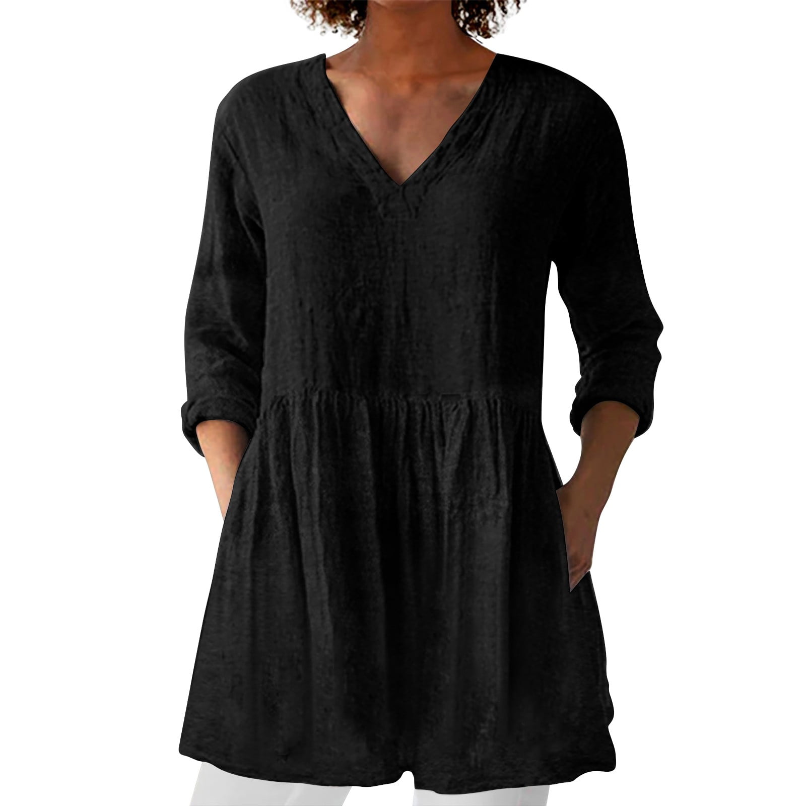 Blouses for women dressy casual Cotton and Linen Soft Clothing S Black ...