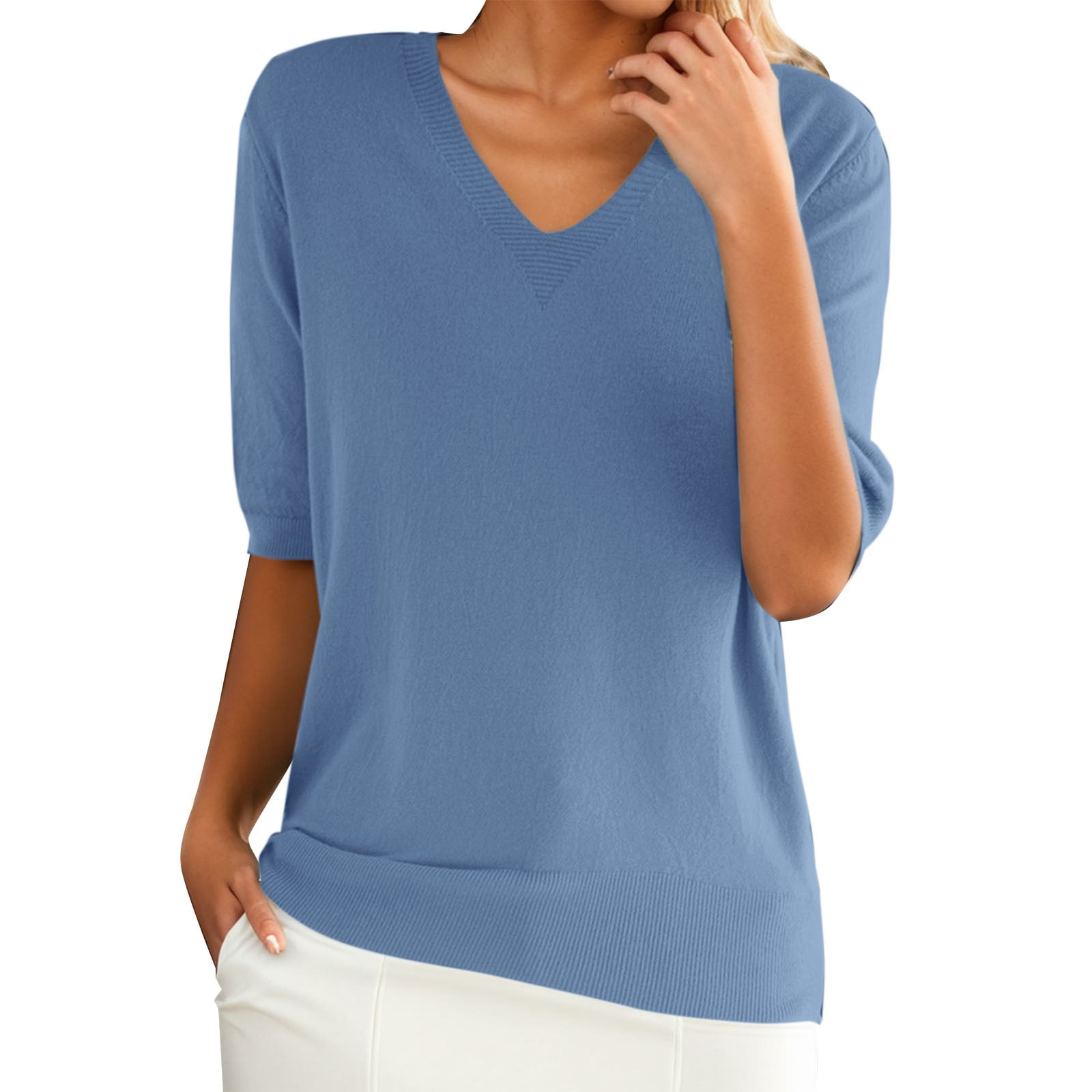 Blouses for women dressy casual Knitting Cotton Soft Clothing XL Blue ...