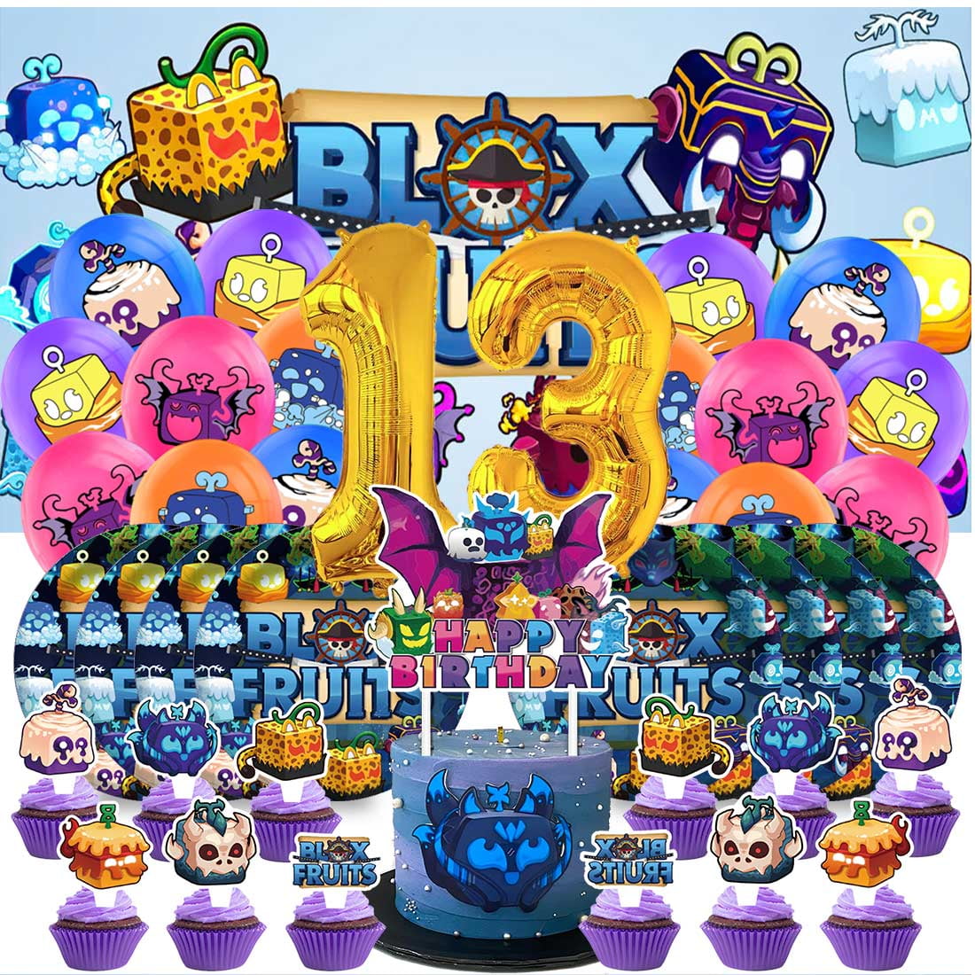 Blox Fruits Balloons Party Supplies 13th Decor Tableware Birthday Cake ...