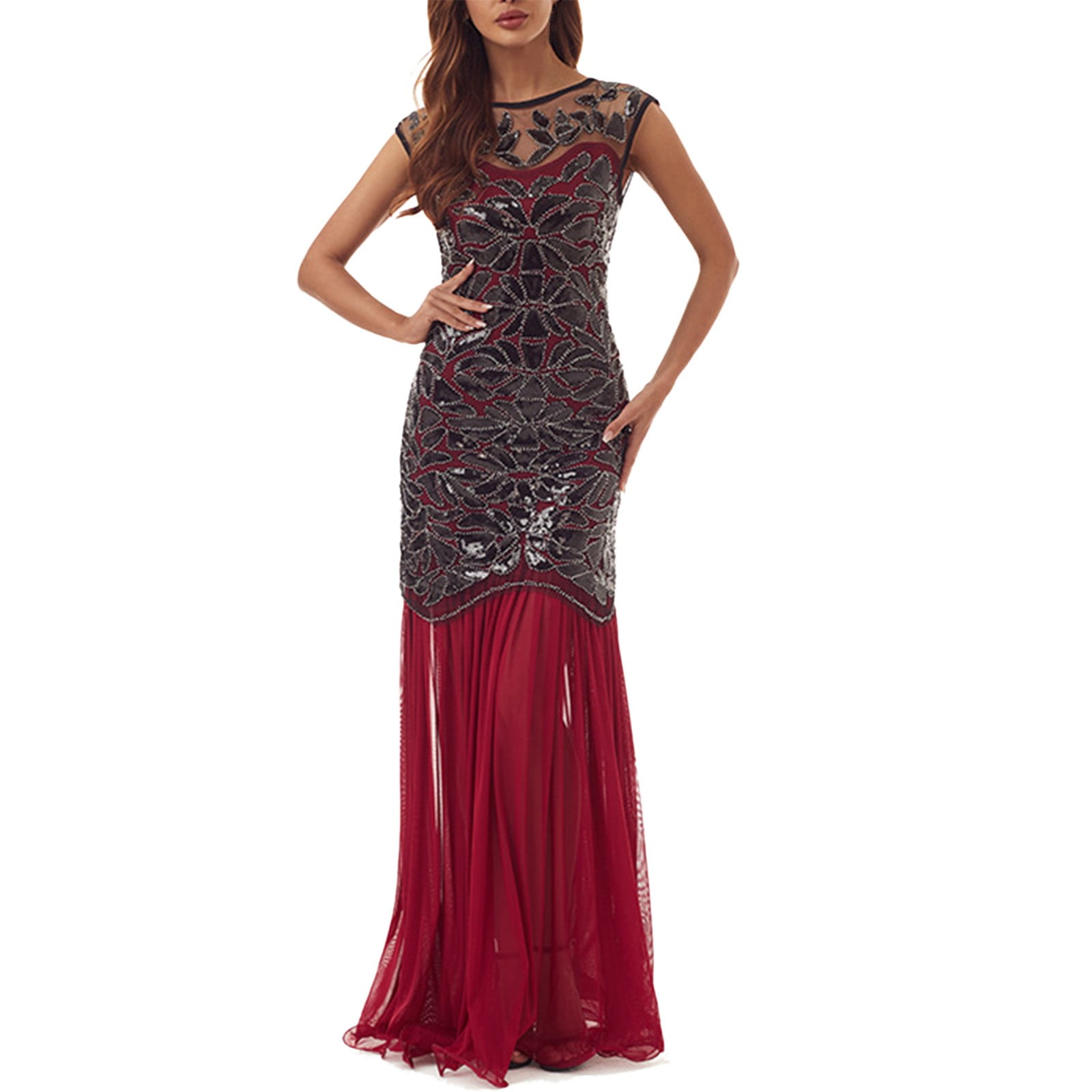 Blphud Ladies Dresses Dress Border Dress Retro Dress Beaded Mesh Sequin Evening Dress European