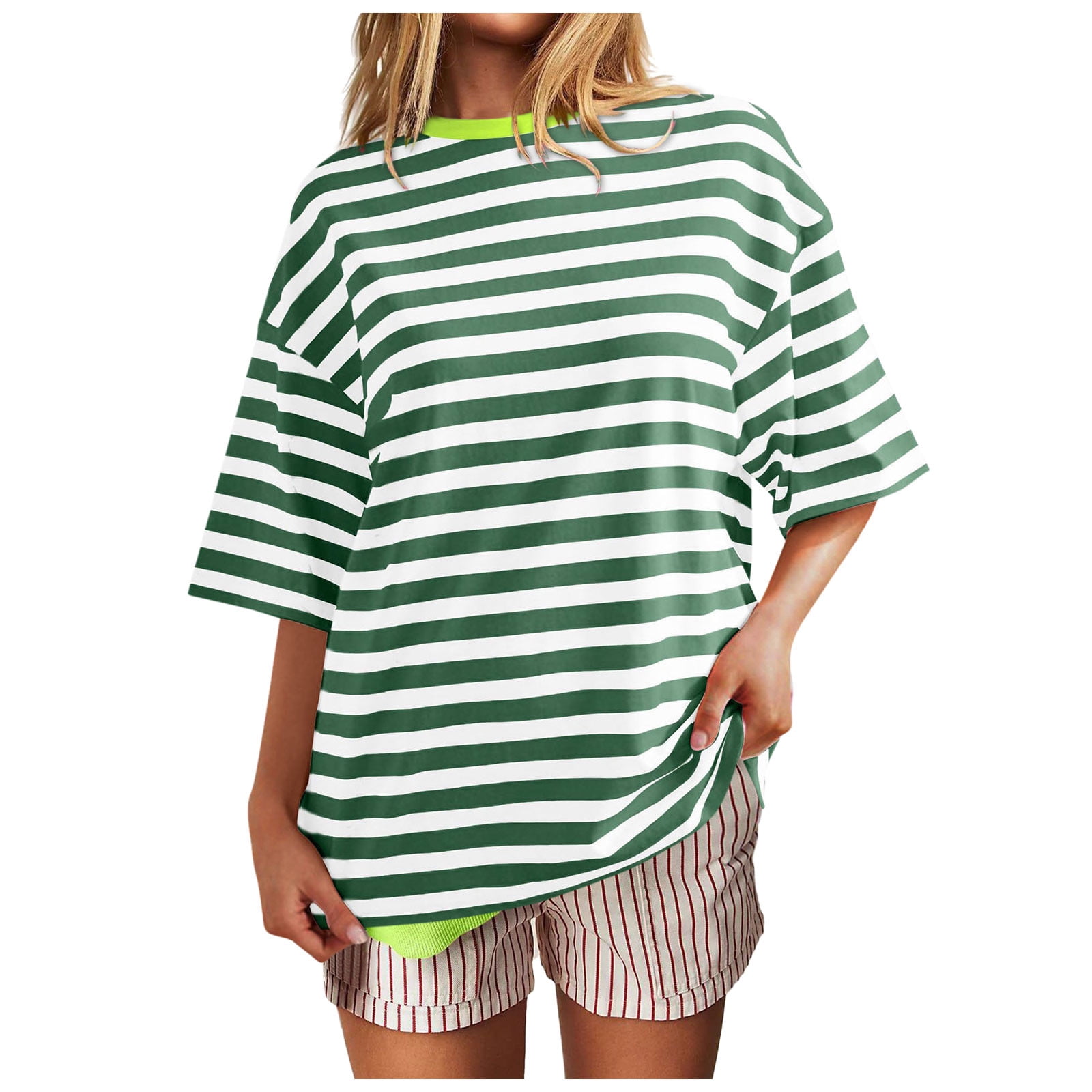 Blphud Womens Tee Shirt Solid Color Tops Women Women Oversized Striped ...