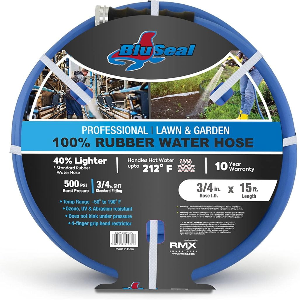 BluSeal Hot/Cold Water Rubber Garden Hose, 100% Rubber, Ultra-Light, Super Strong, 500 PSI, 50F ...