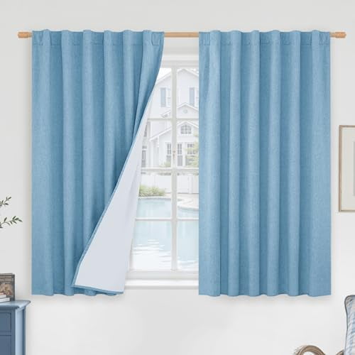 Blue 100% Blackout Window Curtains for Boy Bedroom, 45 Inches Linen ...