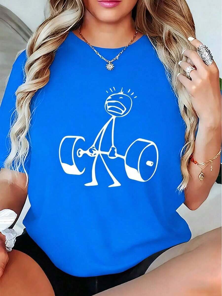 Blue 100% Cotton Womens Oversized Funny Workout Graphic Tee With Stick ...