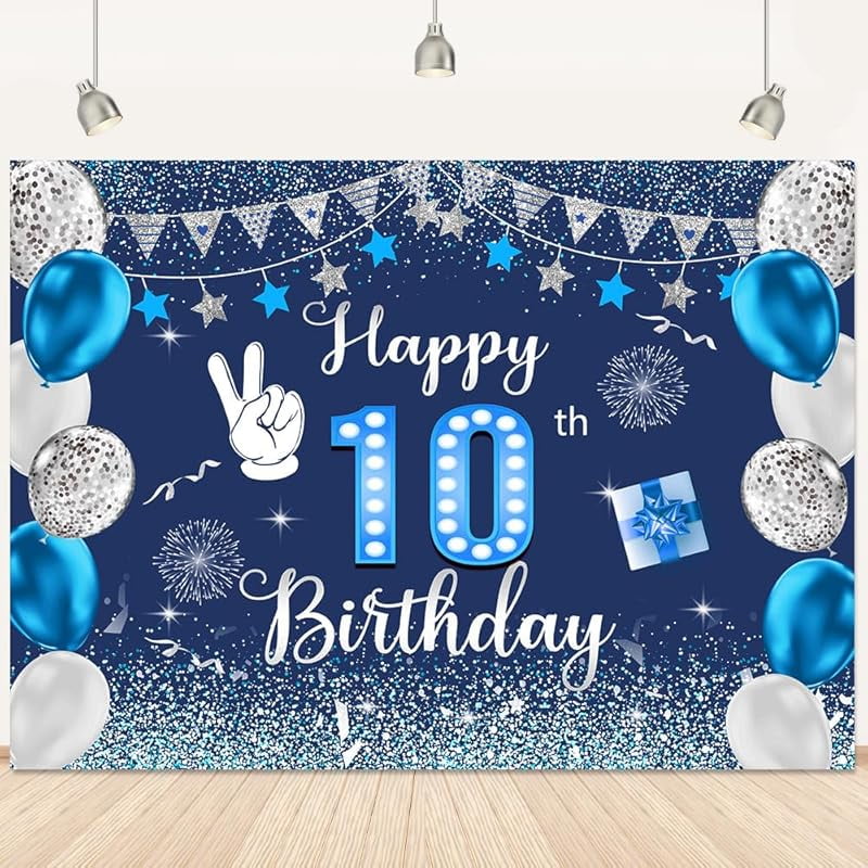 Blue 10th Birthday Cool Backdrop Decoration for Boys Birthday Party ...