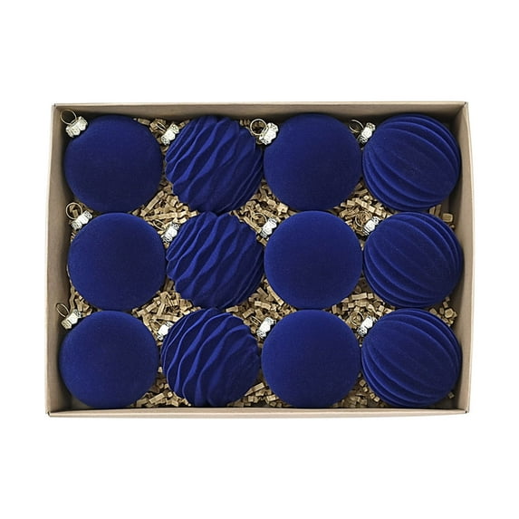Blue 12 Pcs Flocked Christmas Balls, Velvet Blue Ornaments With Plastic Hooks, Xmas Tree ...
