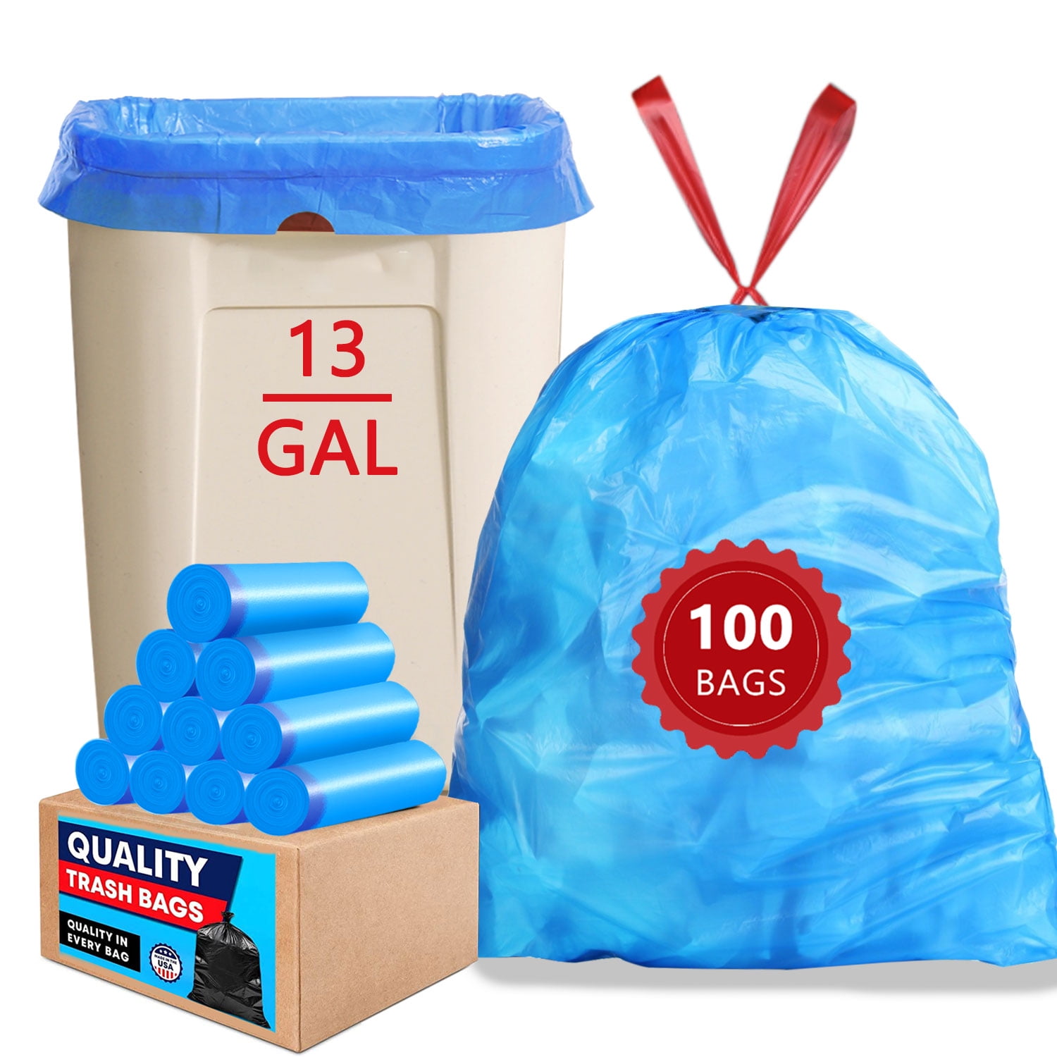 Ultra Strong 13 gallon Trash Bags Drawstring (Count 100), Tall Kitchen ...