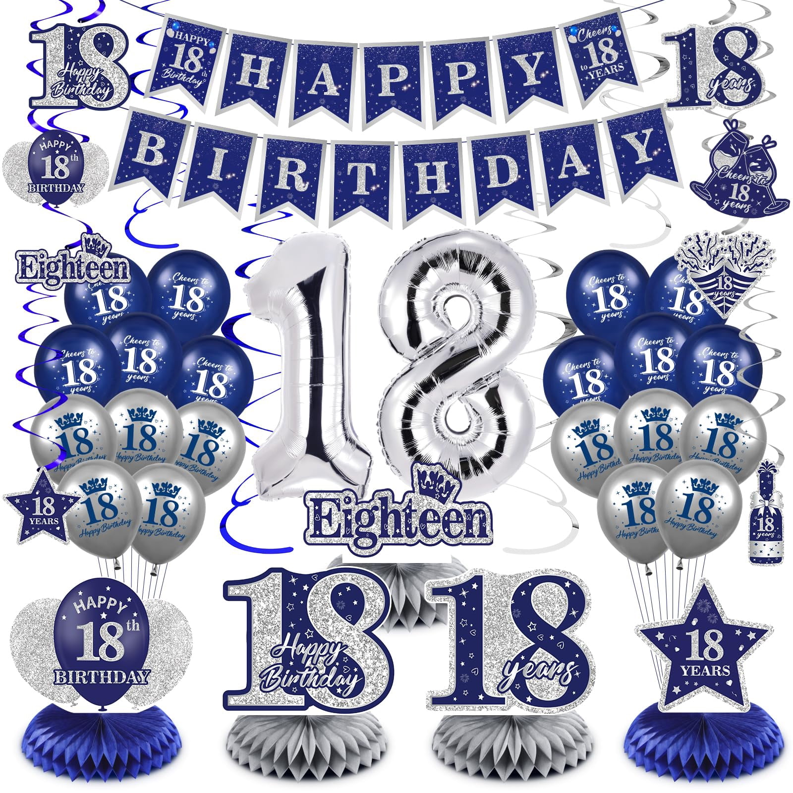 Blue 18th Birthday Decorations - 47Pc NSD3 Navy Blue Silver Kit with ...