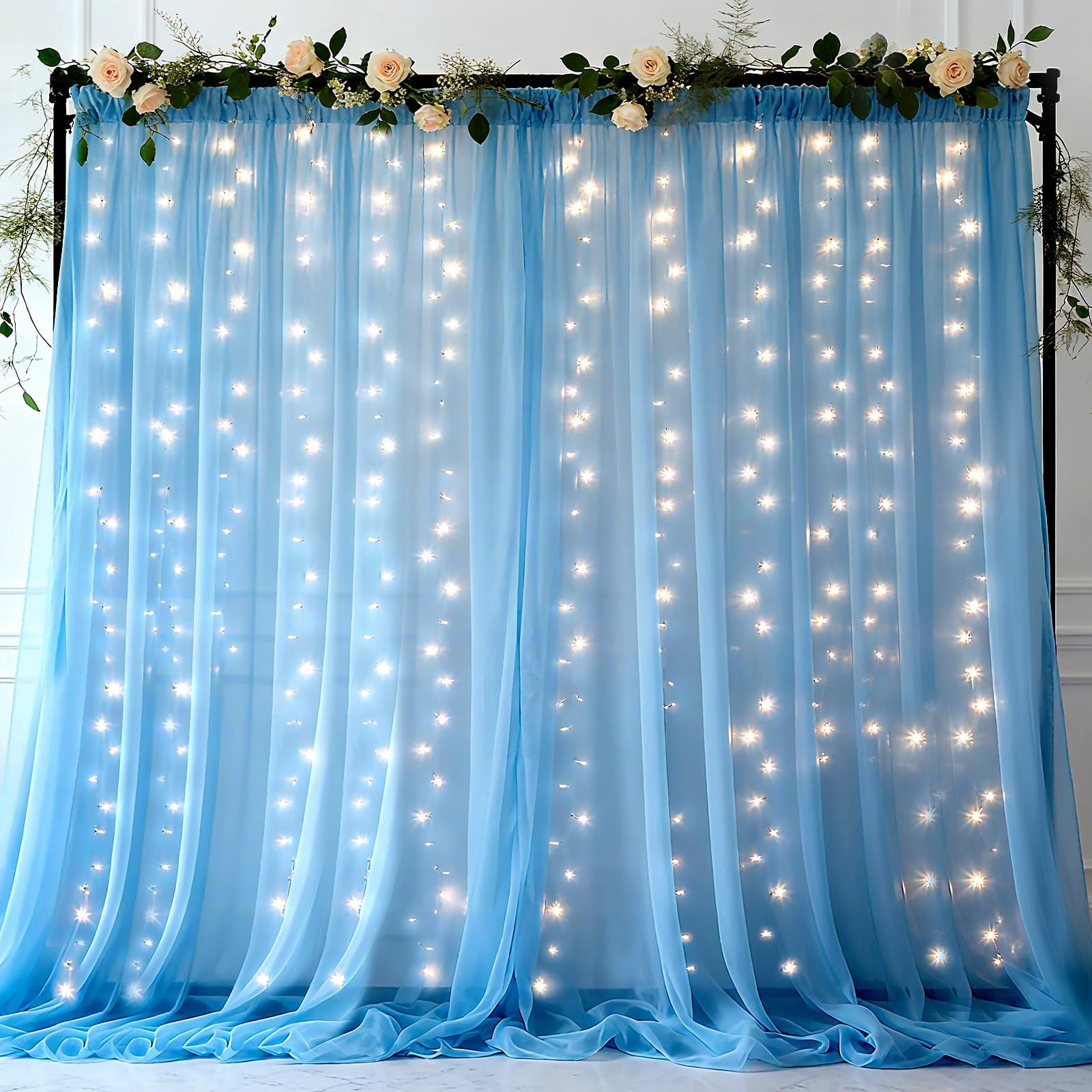 Blue 20×10ft(4 Panels 5×10ft) Tulle Backdrop Curtain with Lights String ...